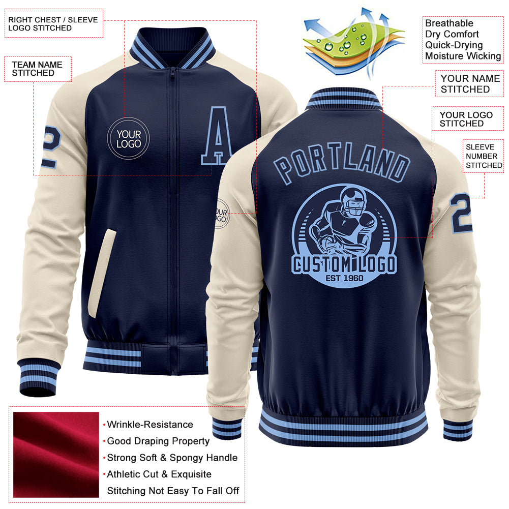 Custom Navy Light Blue-Cream Bomber Varsity Letterman Two Tone Zipper Jacket Discount