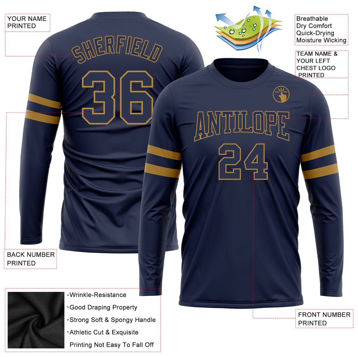 Custom Navy Navy-Old Gold Long Sleeve Performance Salute To Service T ...