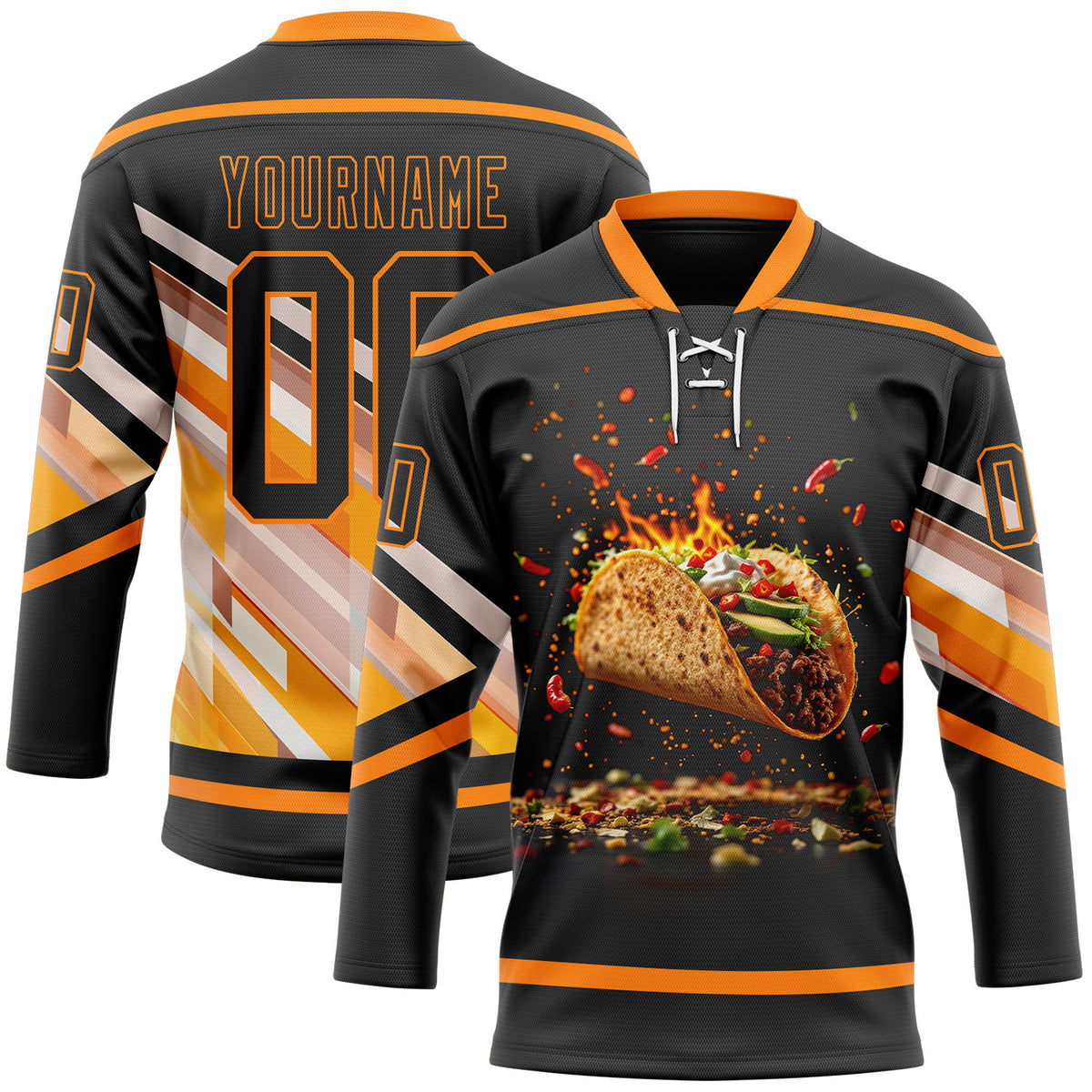 Custom Lace Neck Foodie Funny Tacos Hockey Jersey Black Bay Orange White