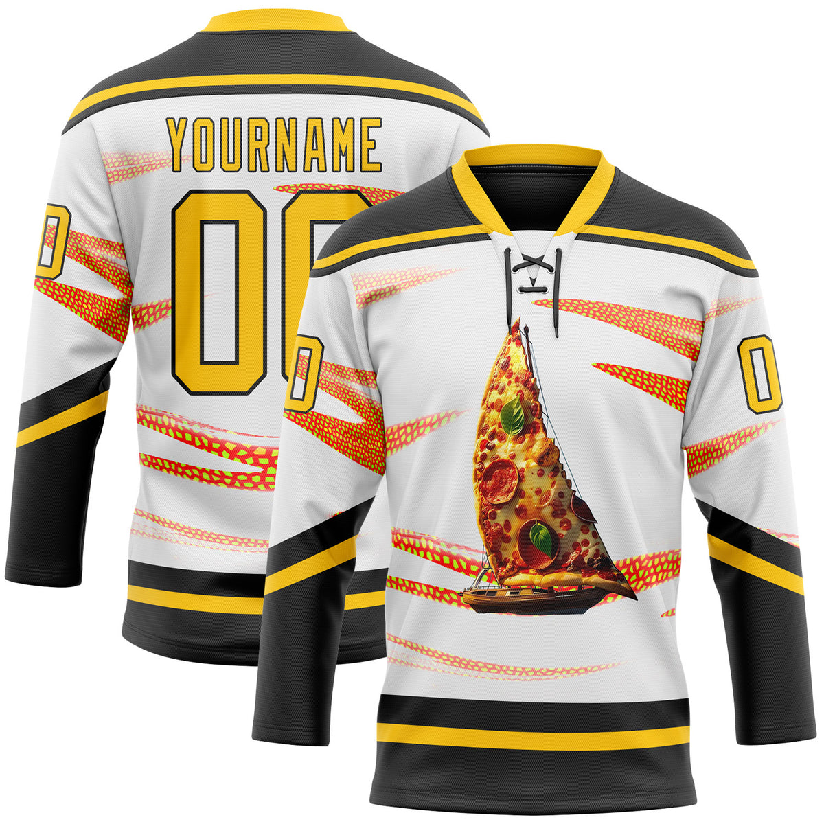 Custom Lace Neck Foodie Funny Pizza Hockey Jersey White Yellow Black