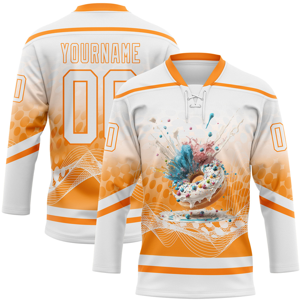 Custom Lace Neck Foodie Funny Donuts Hockey Jersey White Bay Orange