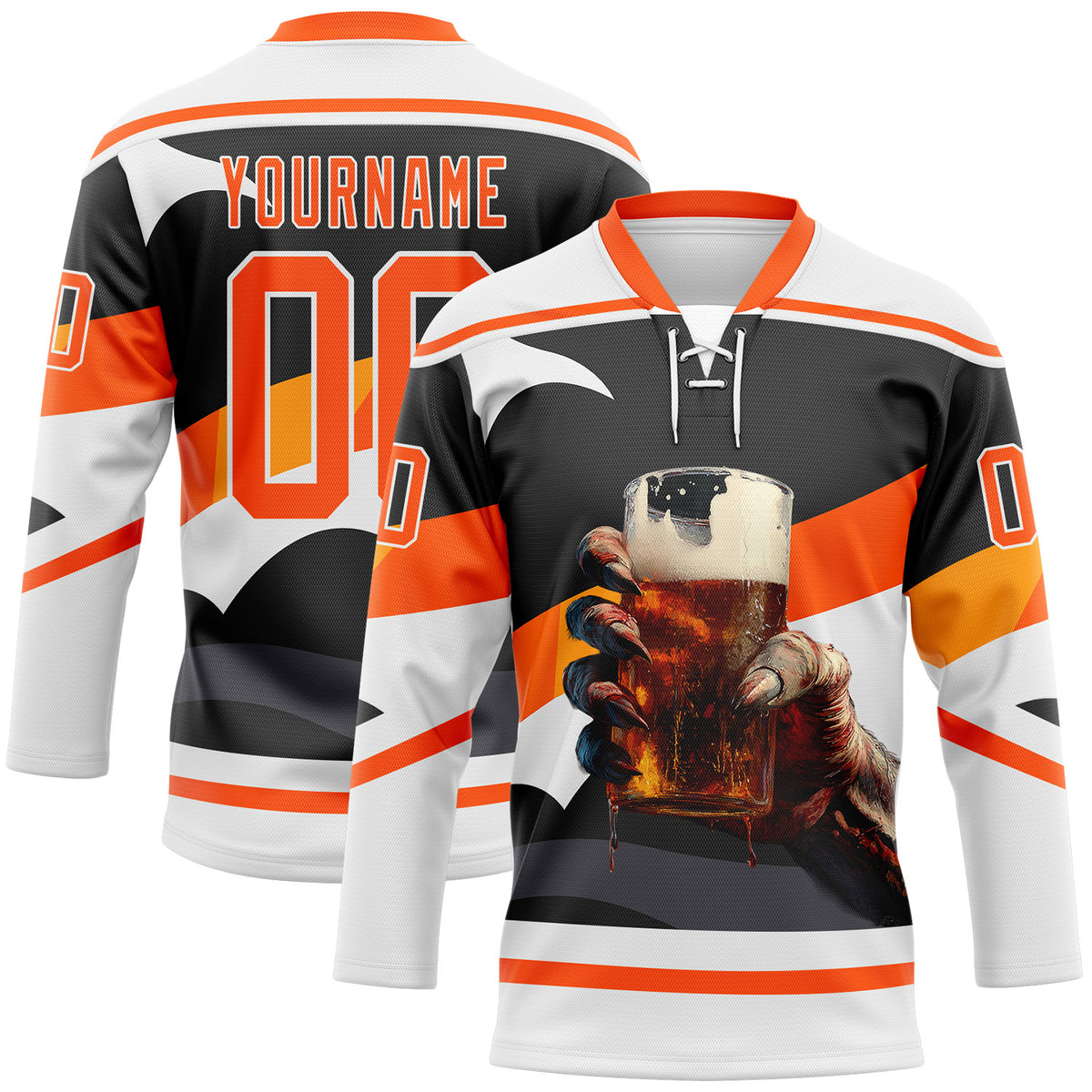 Custom Lace Neck Foodie Funny Cola Hockey Jersey Black Orange White