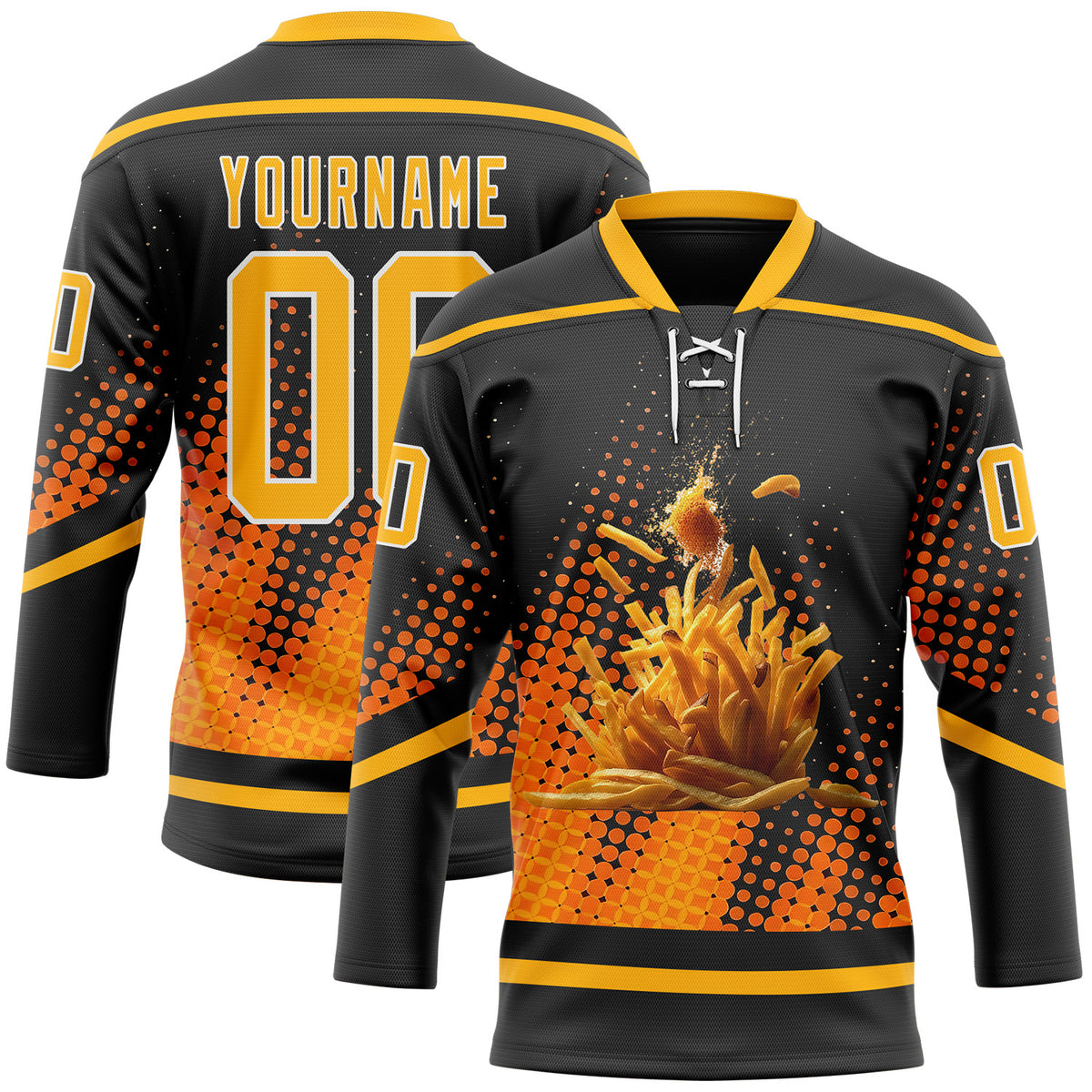 Custom Lace Neck Foodie Funny Fries Hockey Jersey Black Gold White