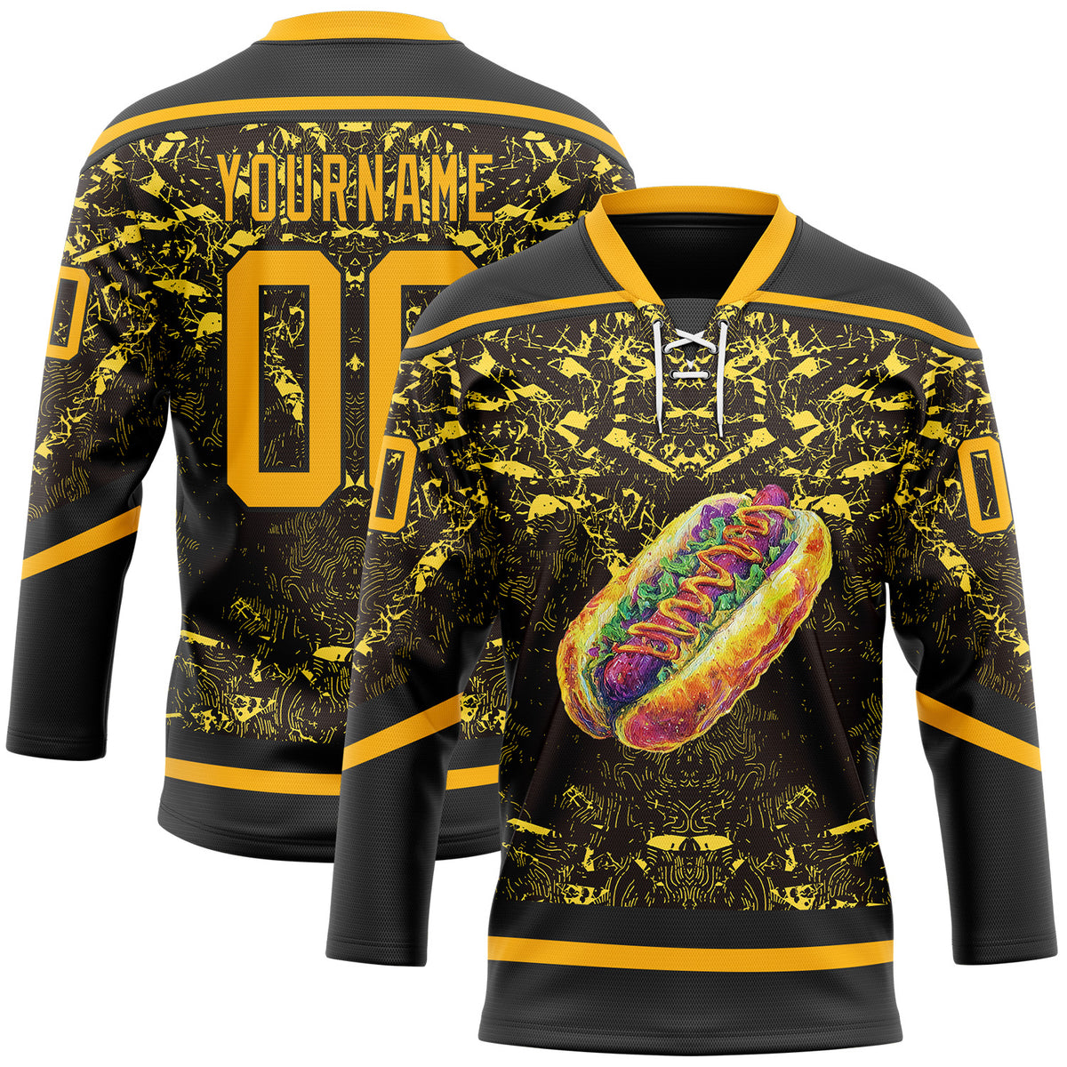Custom Lace Neck Foodie Funny Hot Dog Hockey Jersey Black Gold White