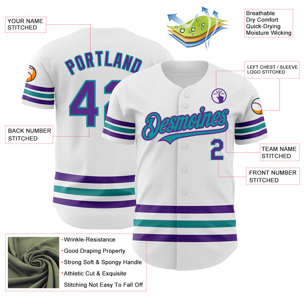 Custom White Purple-Teal Stripes Authentic Baseball Jersey Discount