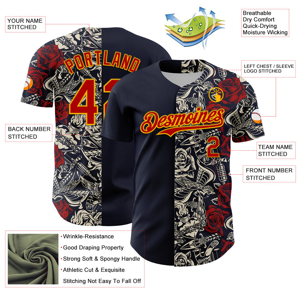 Custom Navy Red-Gold 3D Pattern Design Vintage Tattoos Authentic ...