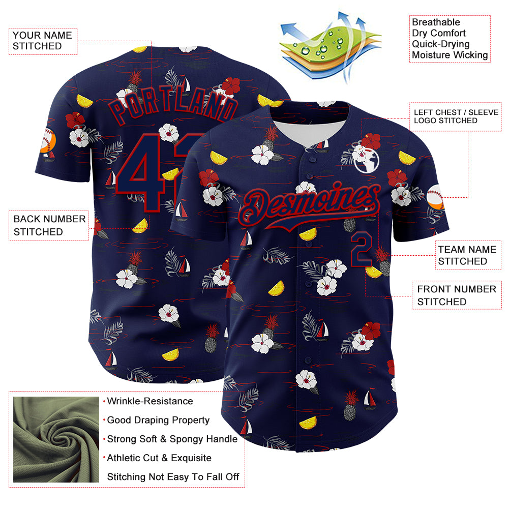 Custom Navy Red 3D Hawaii Tropical Leaves And Flowers Authentic ...