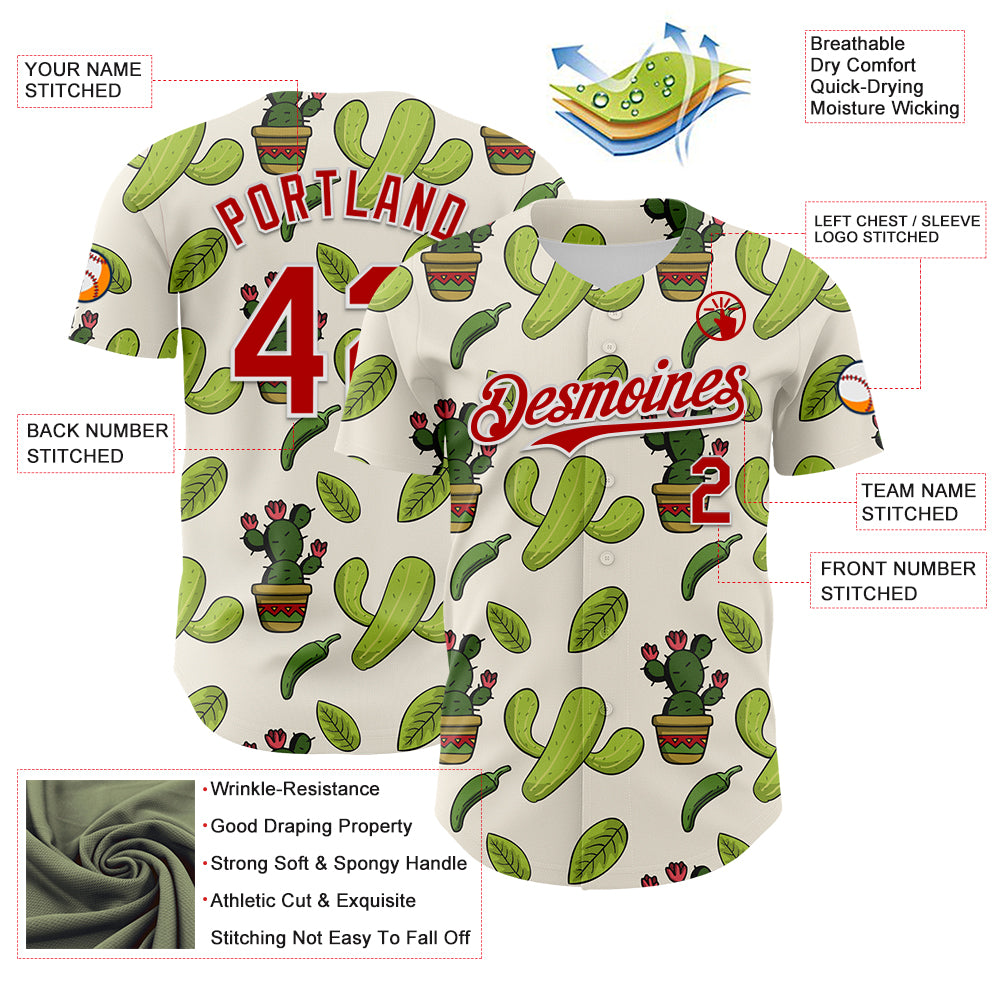 Custom Cream Red-White 3D Mexican Cactus Authentic Baseball Jersey Discount
