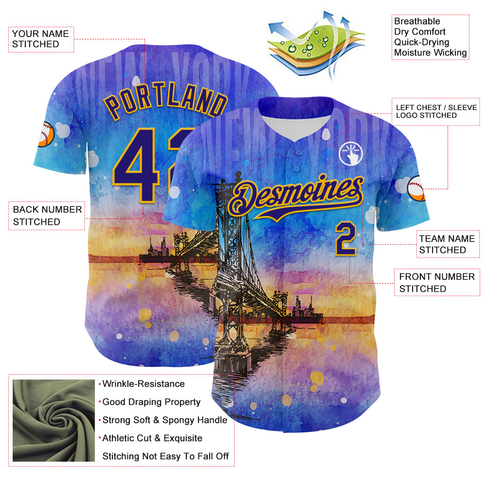 Custom Blue Dark Purple-Gold 3D Pattern Design Manhattan Bridge New ...