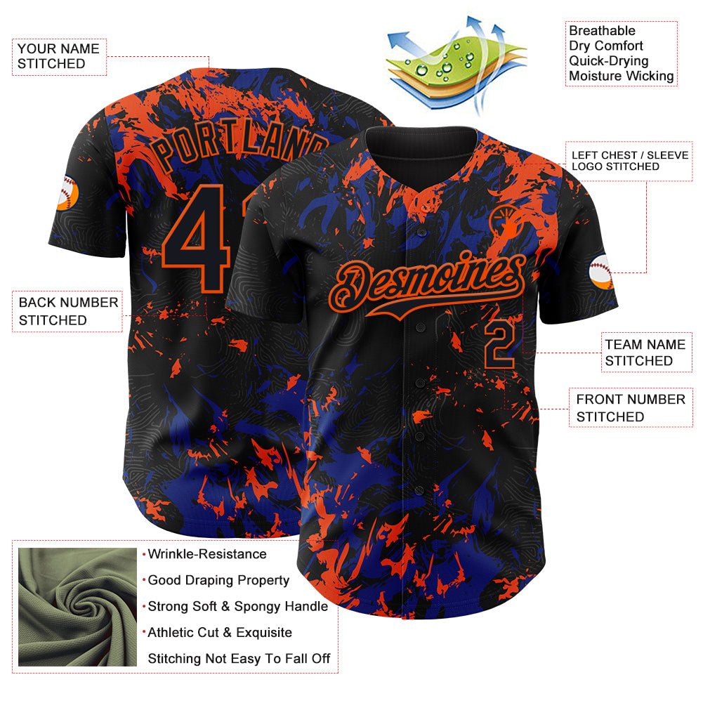 Custom Splash Authentic Baseball Jersey Black Royal Orange