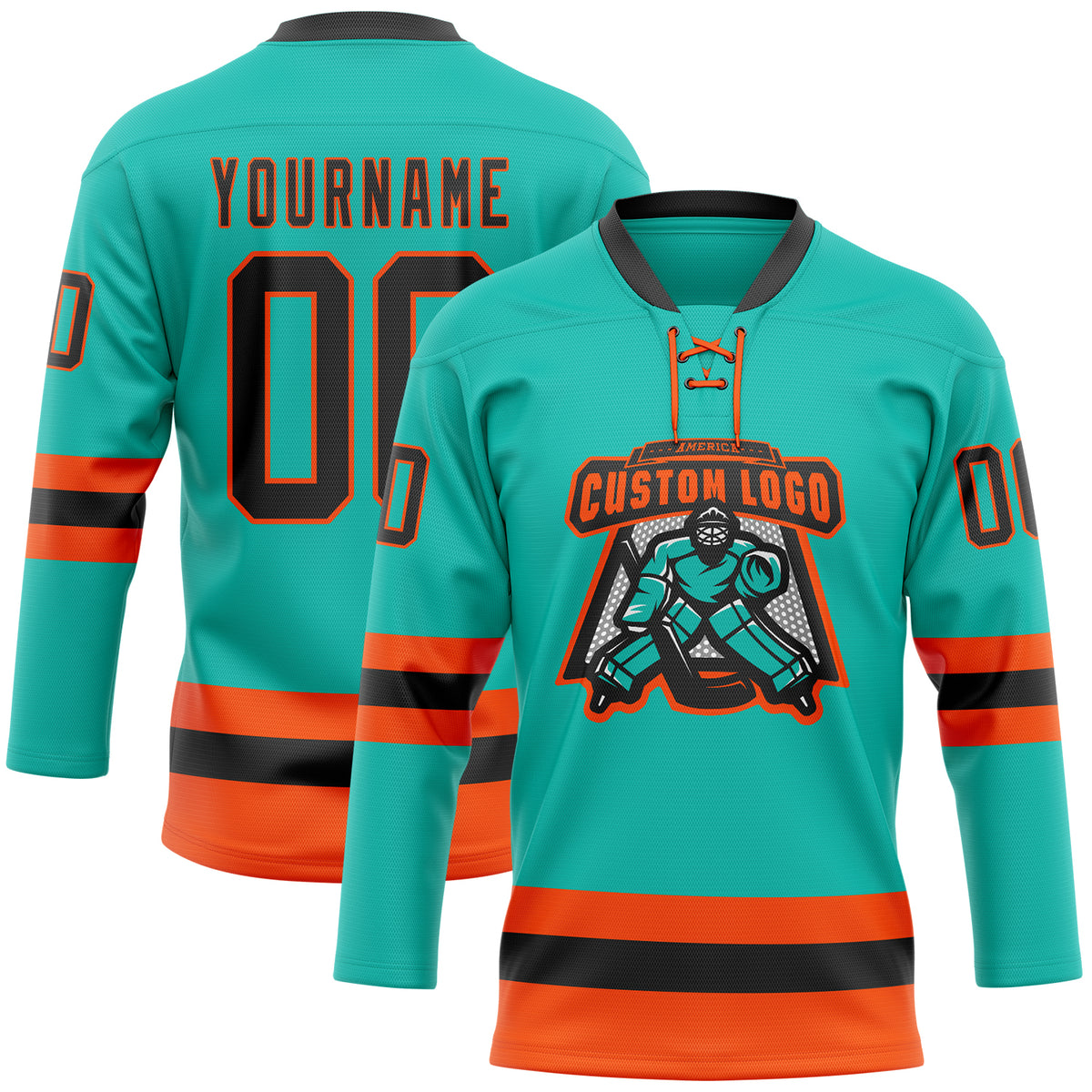 Custom Aqua Black-Orange Hockey Lace Neck Jersey Discount