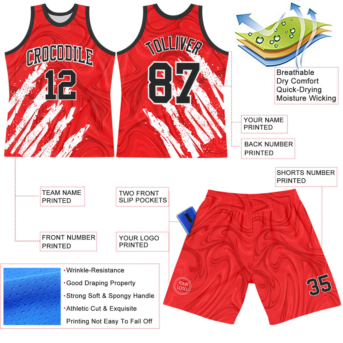 Custom Red Black-White Splash Round Neck Sublimation Basketball Suit ...