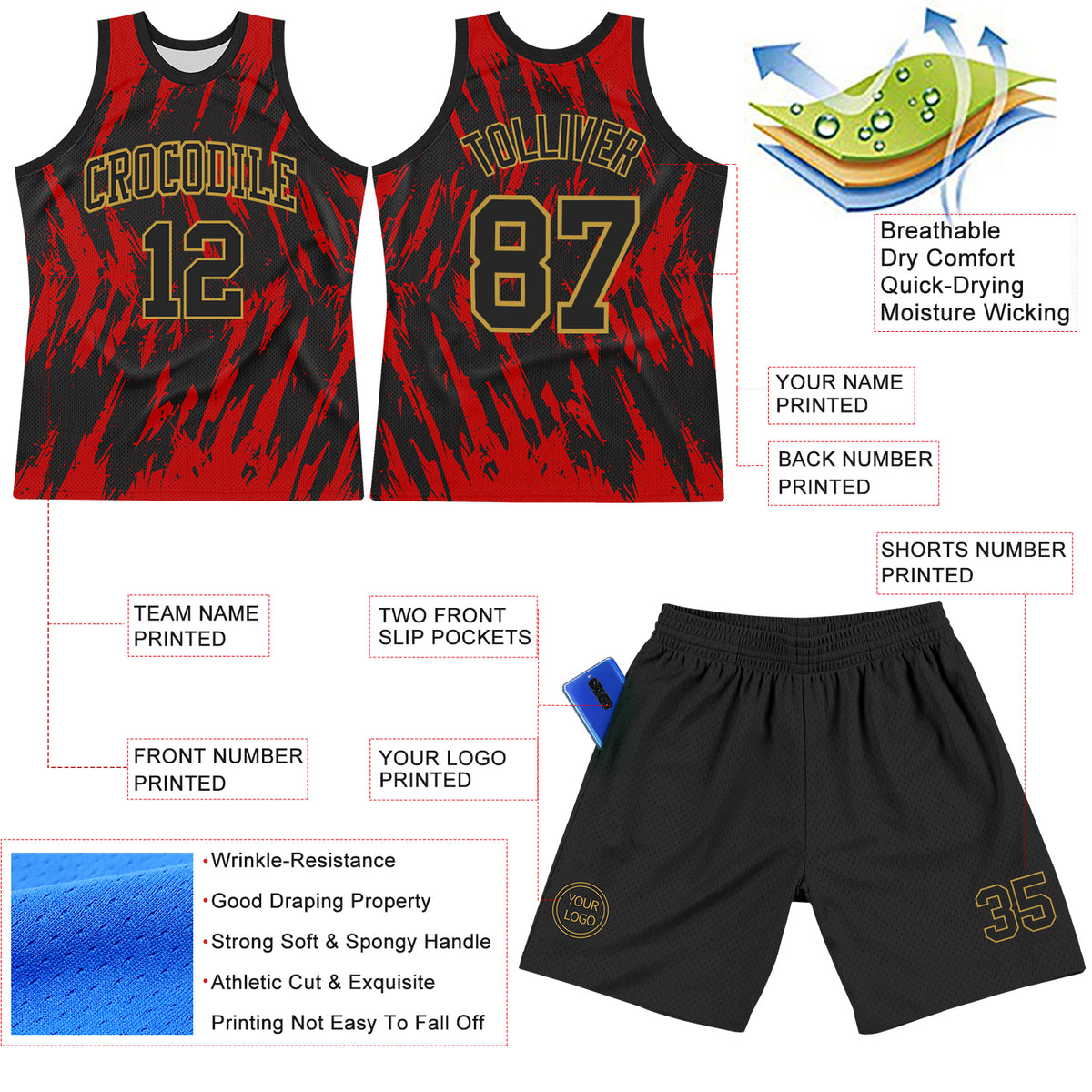Custom Black Red-Old Gold Splash Round Neck Sublimation Basketball Suit ...