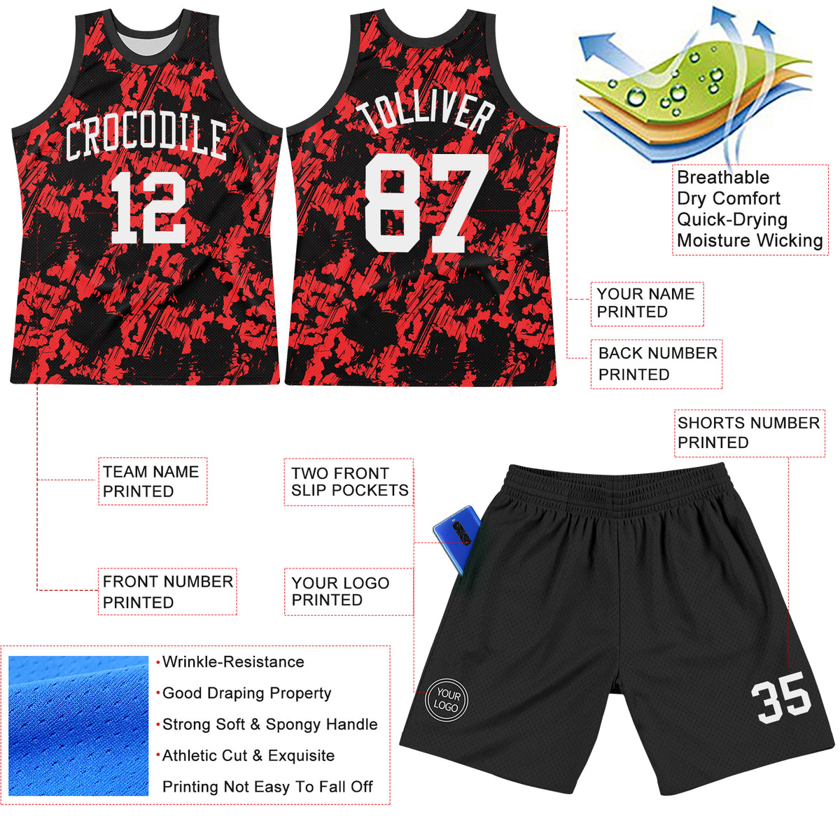 Custom Black White-Red Splash Round Neck Sublimation Basketball Suit ...