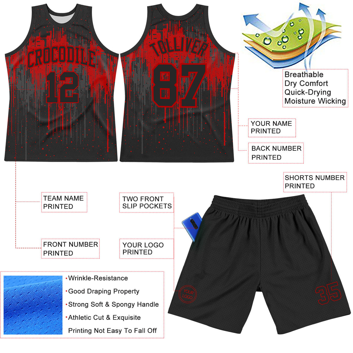 Custom Black Red Dripping Splatter Art Round Neck Sublimation ...