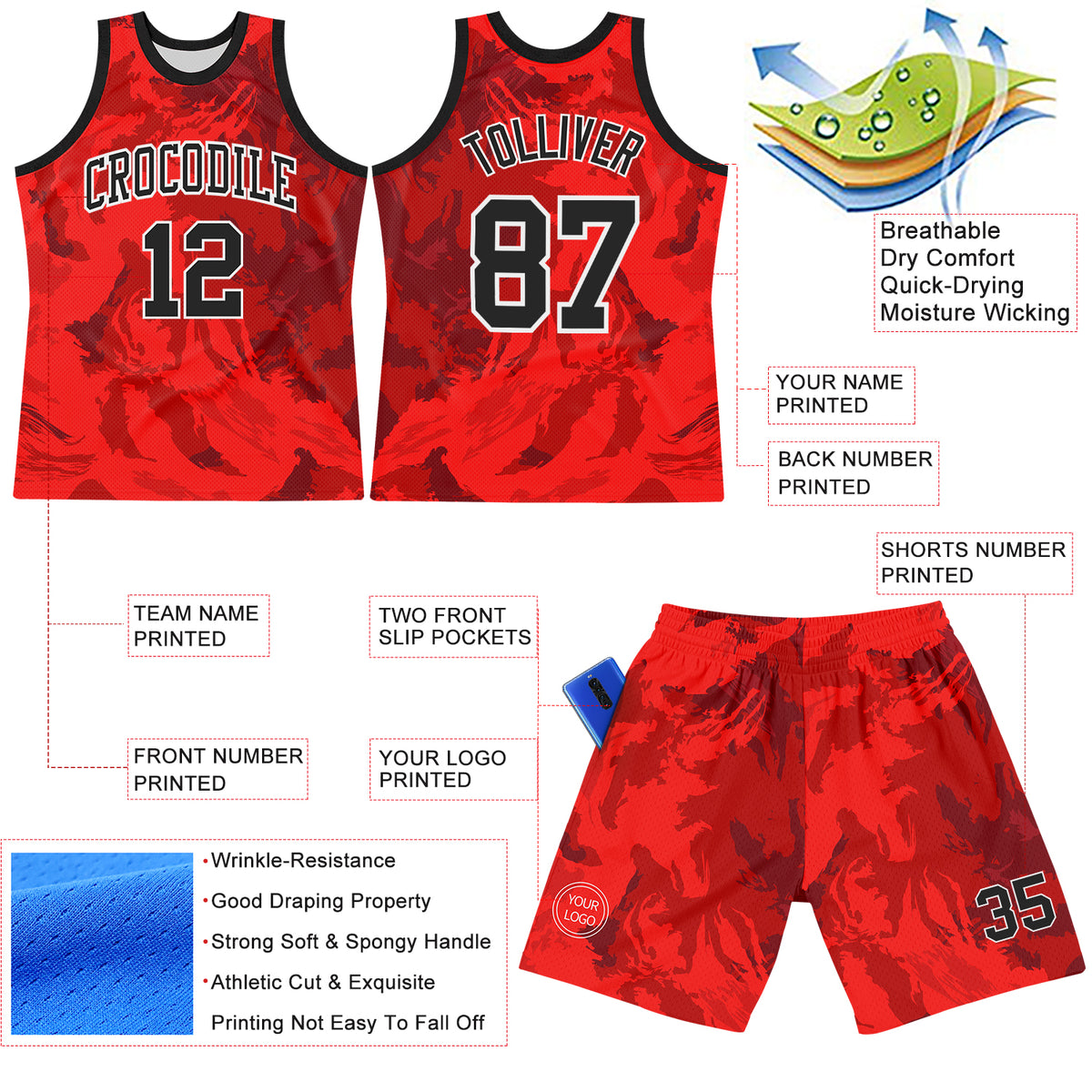 Custom Red Black-White Splash Round Neck Sublimation Basketball Suit ...