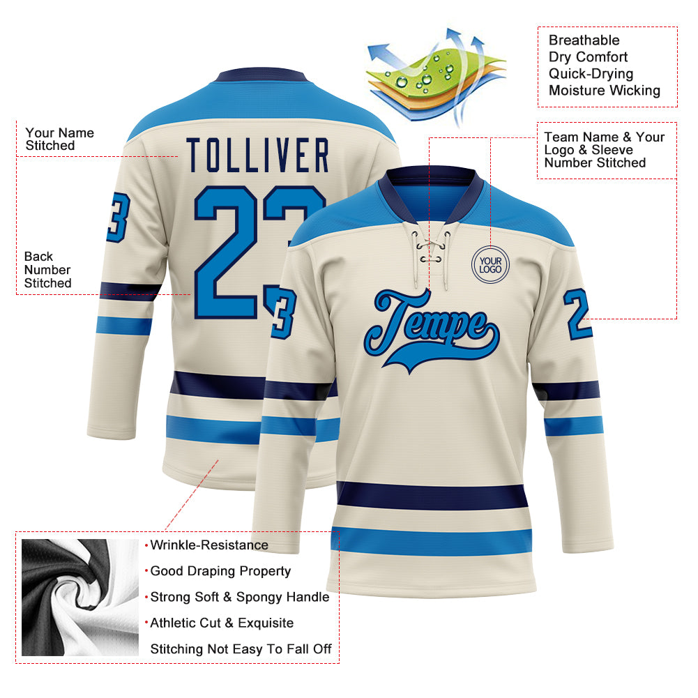 Custom Cream Blue-Navy Hockey Lace Neck Jersey Discount