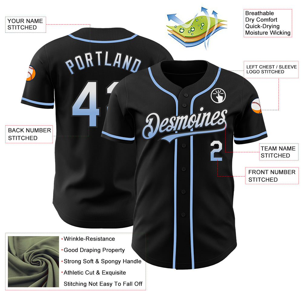 Custom Black White-Light Blue Authentic Fade Fashion Baseball Jersey ...
