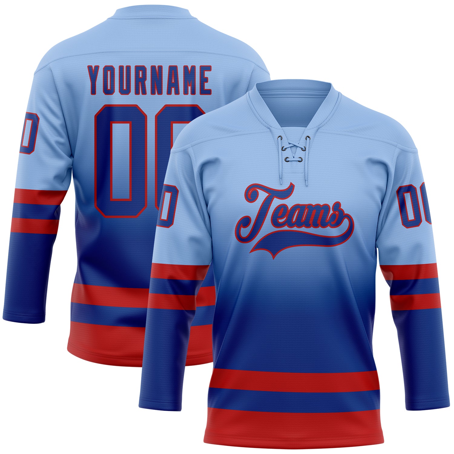 Custom Fade Fashion Lace Neck Hockey Jersey Light Blue Royal Red