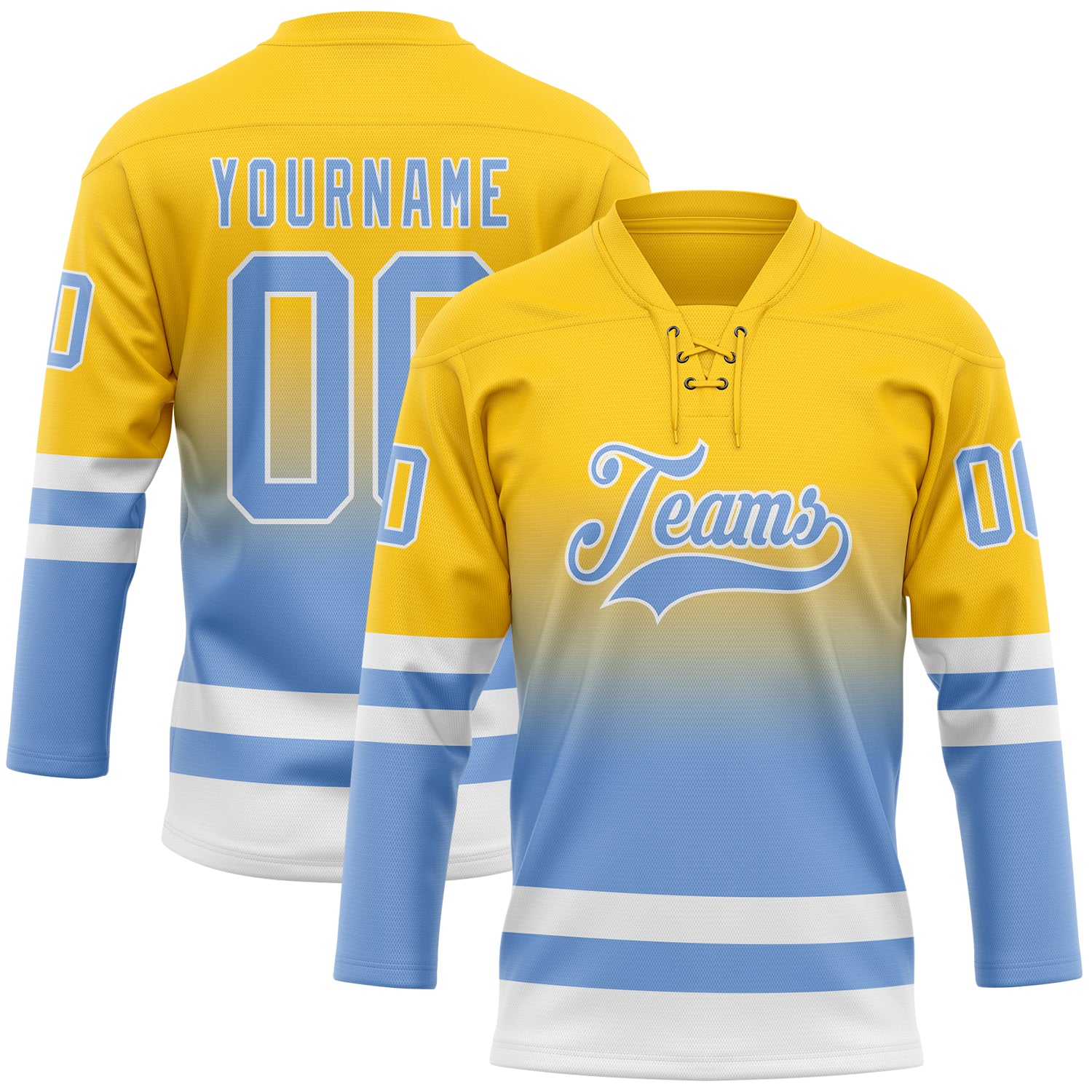 Custom Fade Fashion Lace Neck Hockey Jersey Yellow Light Blue White
