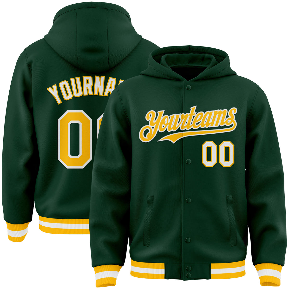 Custom Green Gold-White Bomber Full-Snap Varsity Letterman Hoodie ...