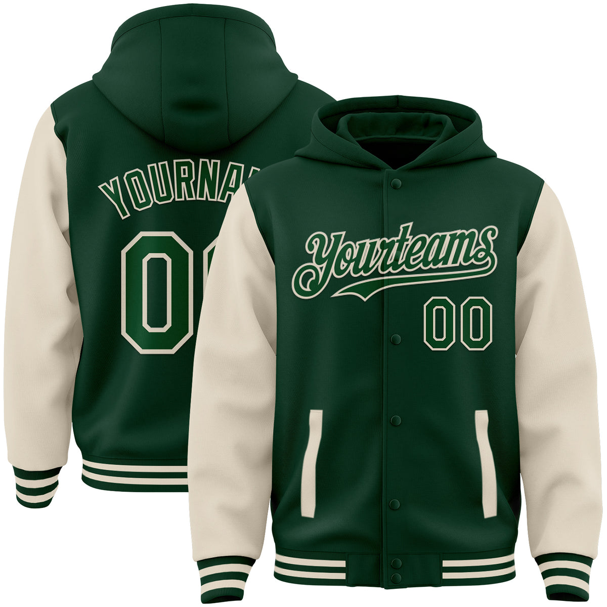 Custom Green Cream Bomber Full-Snap Varsity Letterman Two Tone Hoodie ...