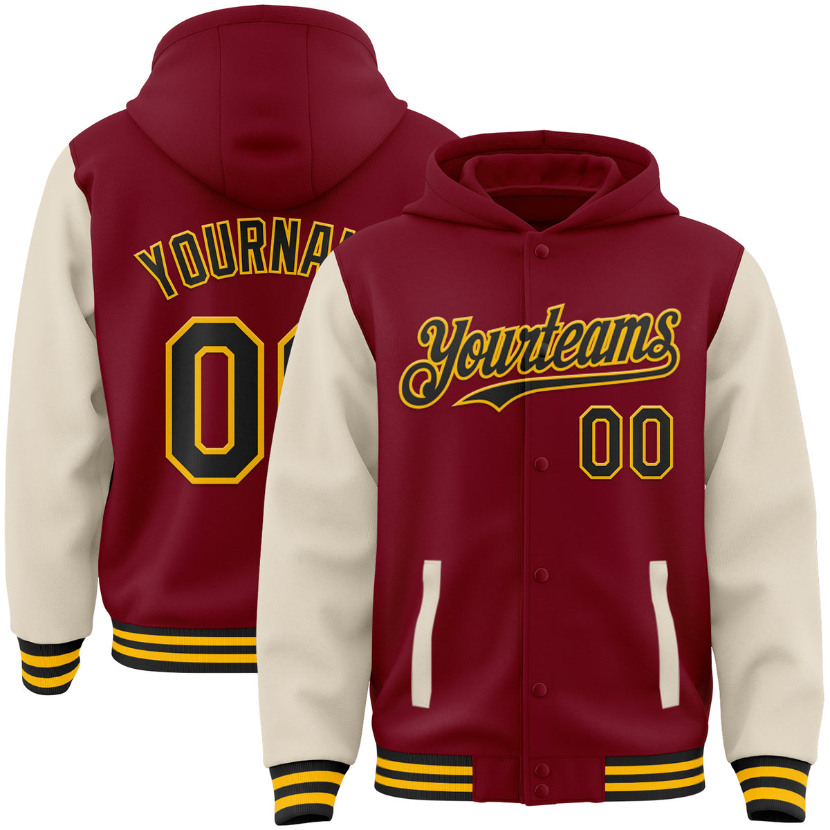 Custom Crimson Black Cream-Gold Bomber Full-Snap Varsity Letterman Two ...