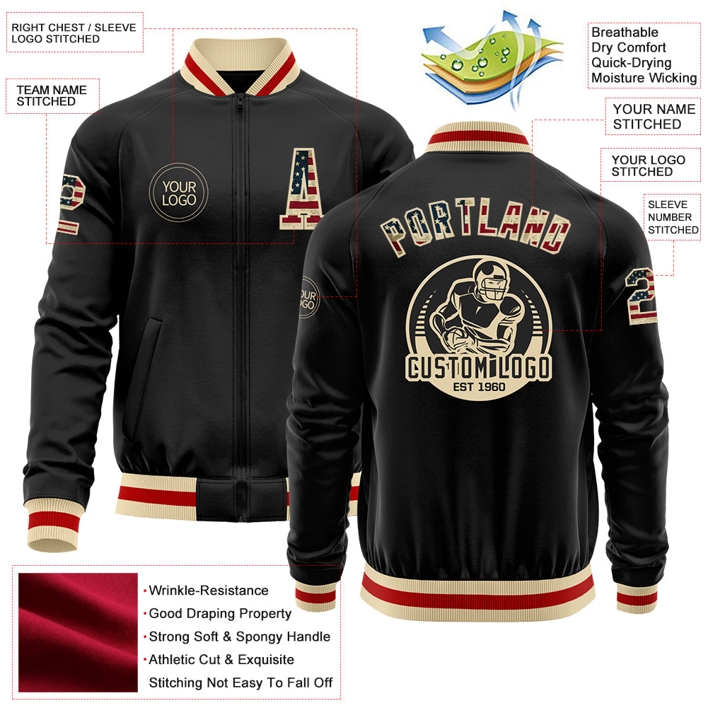 Custom Black Vintage USA Flag Cream-Red Bomber Varsity Letterman Zipper ...