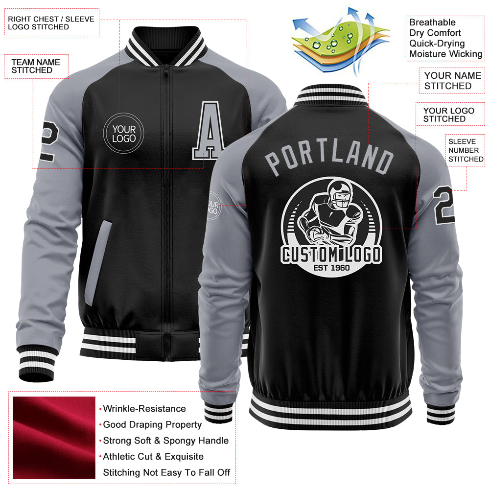 Custom Black Gray-White Bomber Varsity Letterman Two Tone Zipper Jacket ...