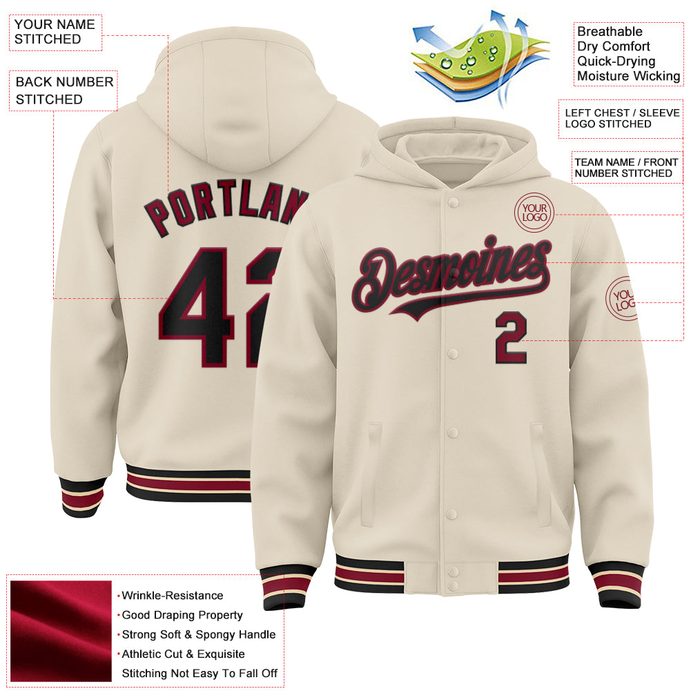 Custom Cream Black Crimson-City Cream Bomber Full-Snap Varsity ...