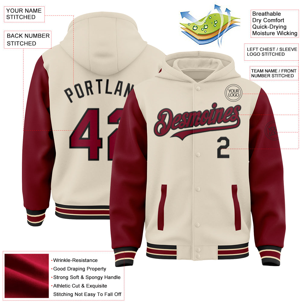 Custom Cream Crimson Black-City Cream Bomber Full-Snap Varsity ...