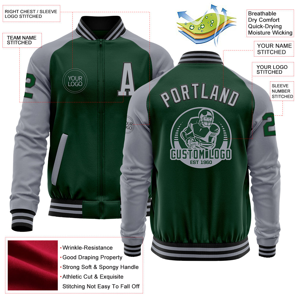 Custom Green Gray-Black Bomber Varsity Letterman Two Tone Zipper Jacket ...