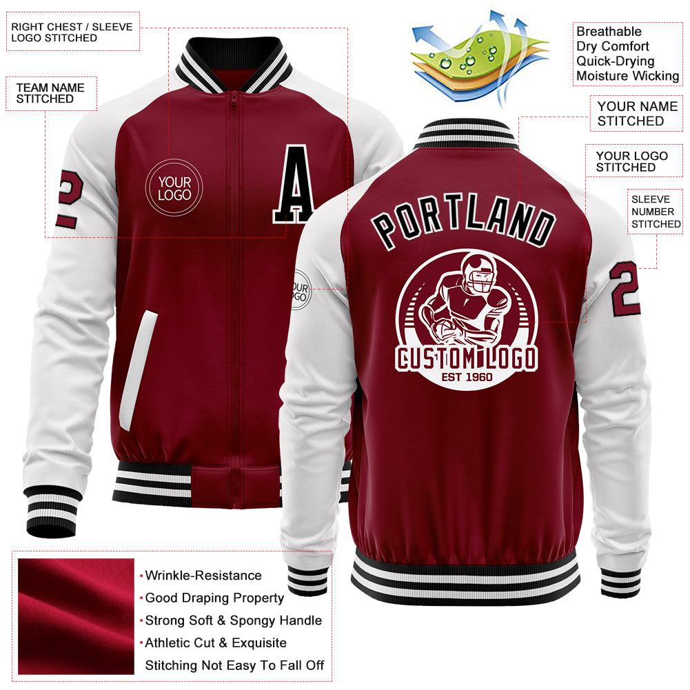 Custom Crimson Black-White Bomber Varsity Letterman Two Tone Zipper ...