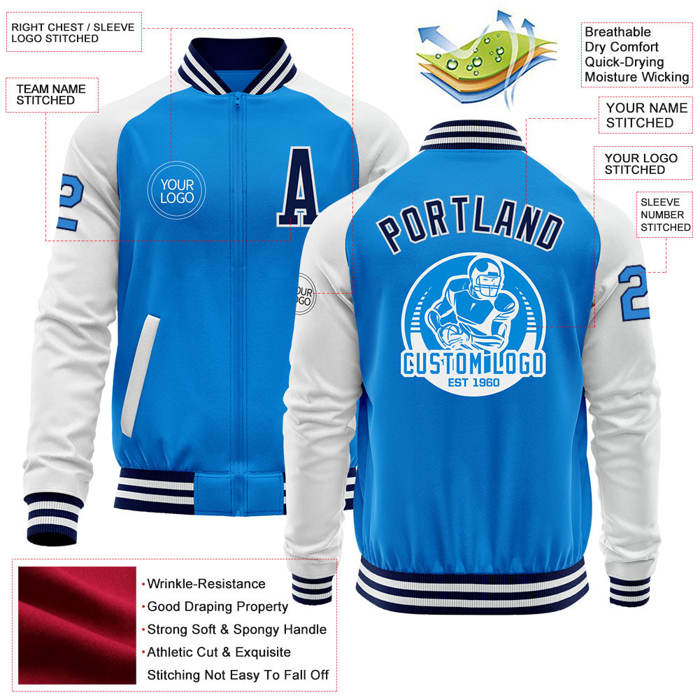 Custom Powder Blue Navy-White Bomber Varsity Letterman Two Tone Zipper ...