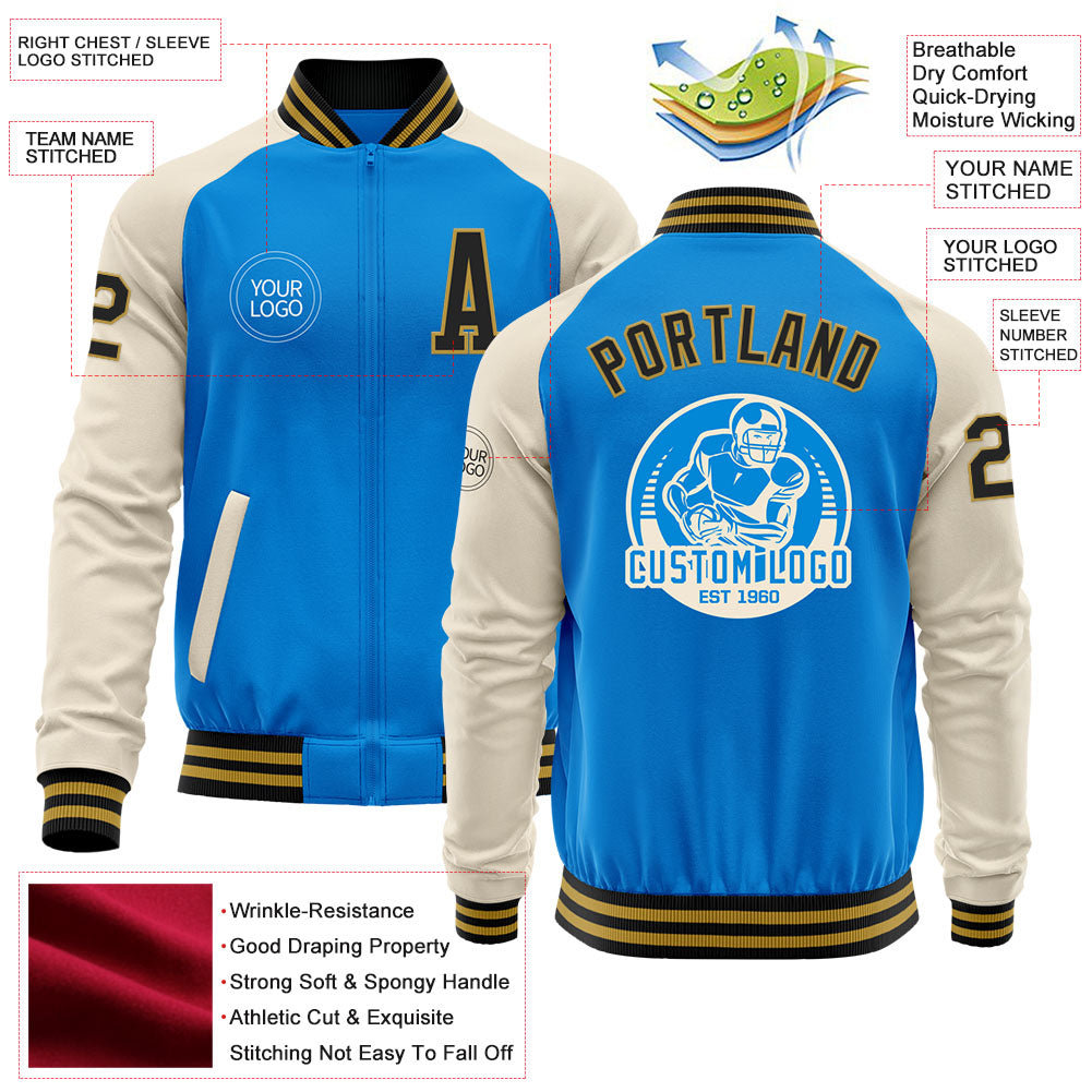 Custom Powder Blue Black Old Gold-Cream Bomber Varsity Letterman Two ...