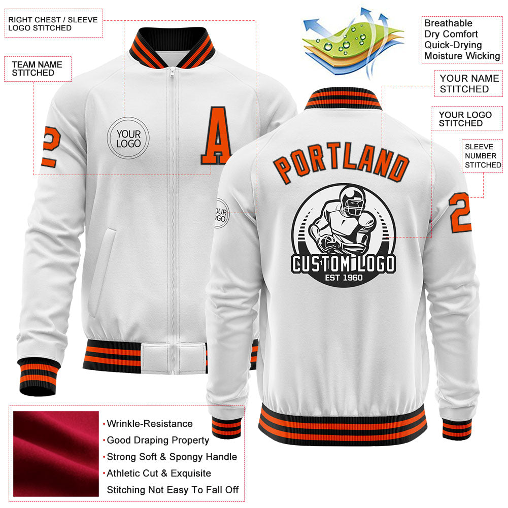Custom White Orange-Black Bomber Varsity Letterman Zipper Jacket Discount