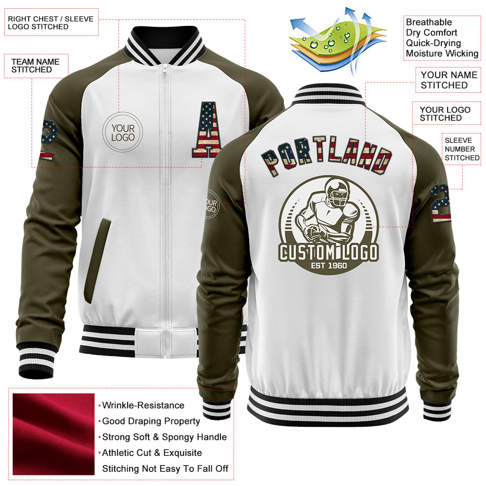 Custom White Vintage USA Flag Black-Olive Bomber Varsity Letterman Two ...