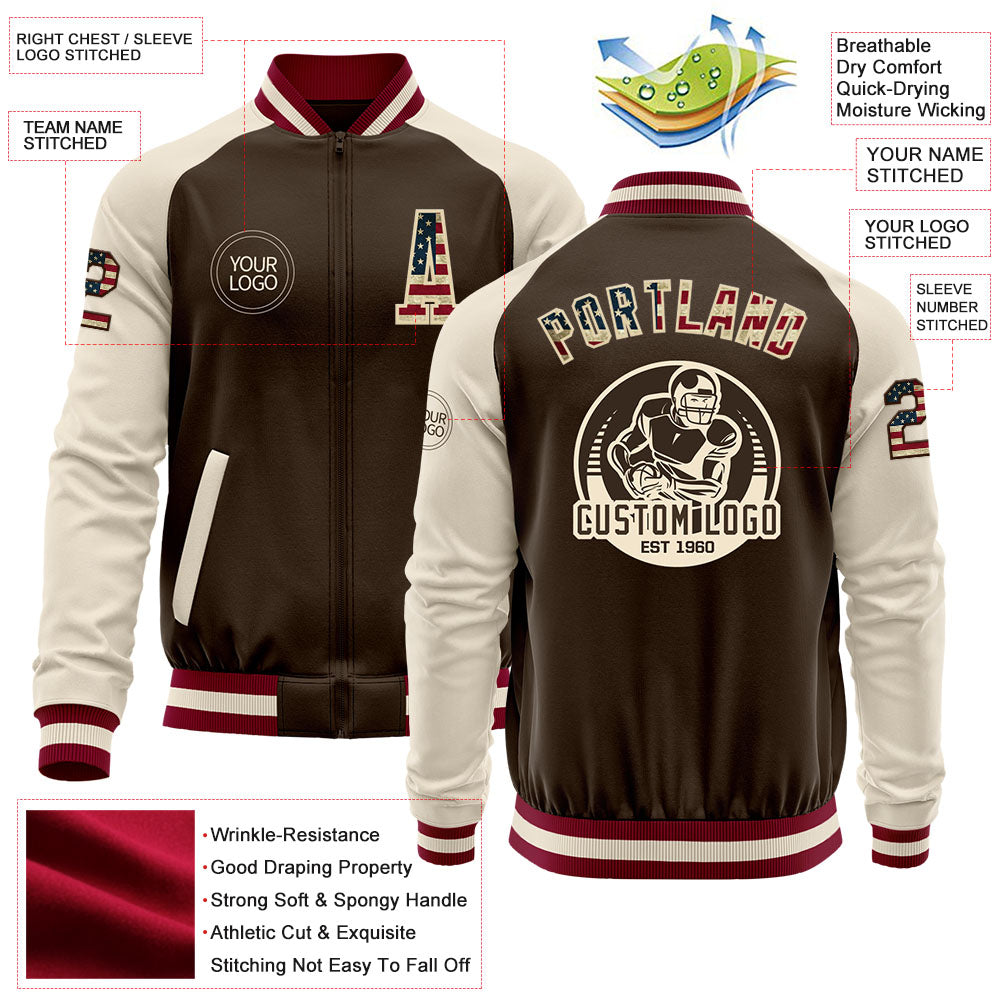 Custom Brown Vintage USA Flag Cream-Maroon Bomber Varsity Letterman Two ...