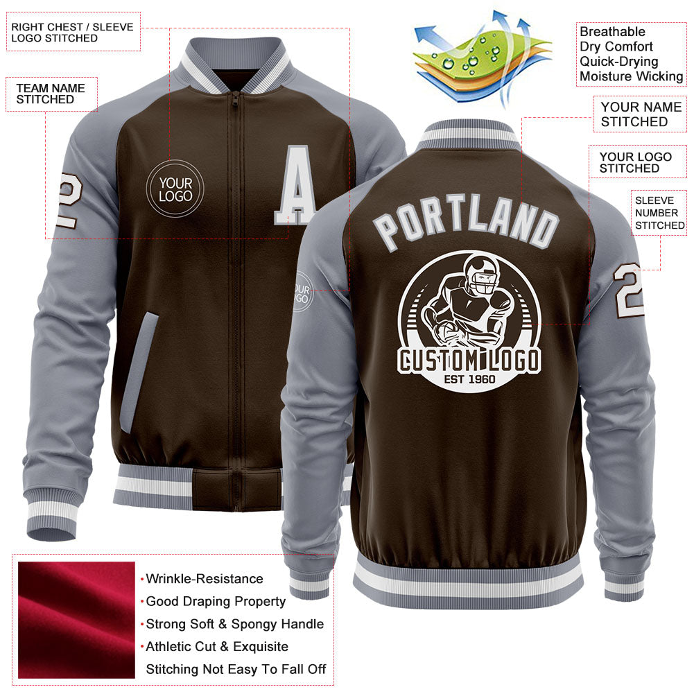 Custom Brown White-Gray Bomber Varsity Letterman Two Tone Zipper Jacket ...