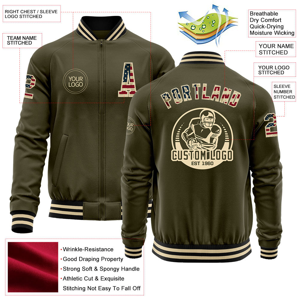 Custom Olive Vintage USA Flag Cream-Black Bomber Varsity Letterman ...