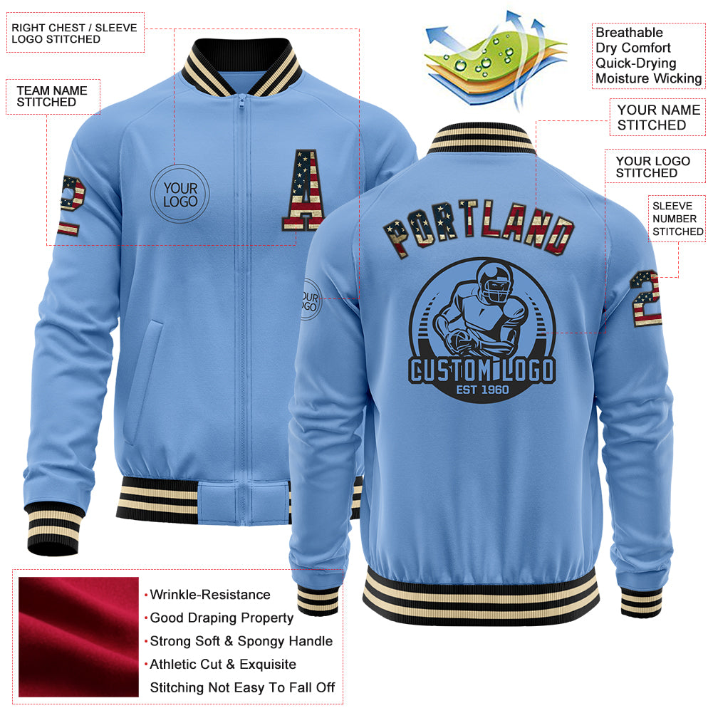 Custom Light Blue Vintage USA Flag Black-Cream Bomber Varsity Letterman ...