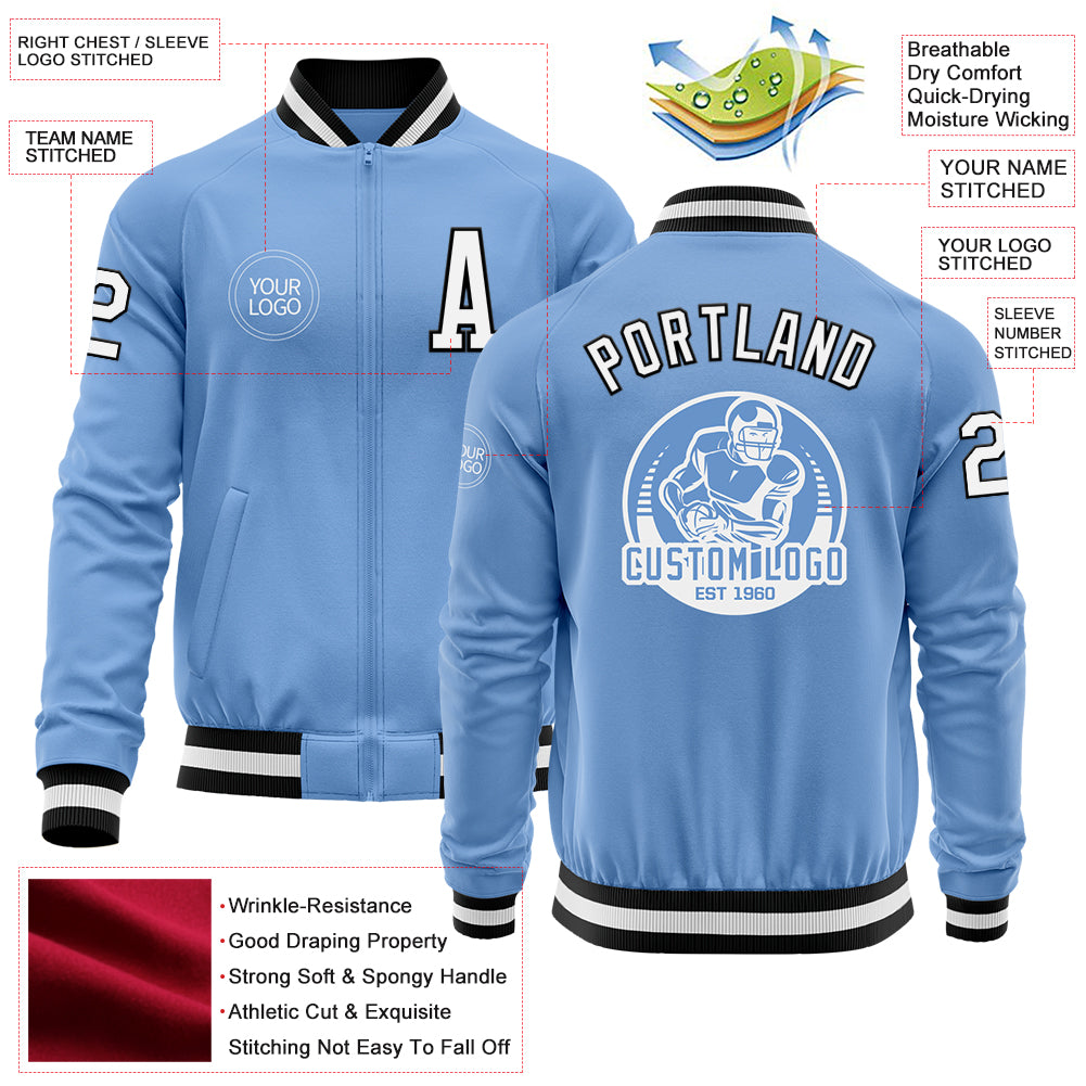 Custom Light Blue White-Black Bomber Varsity Letterman Zipper Jacket ...