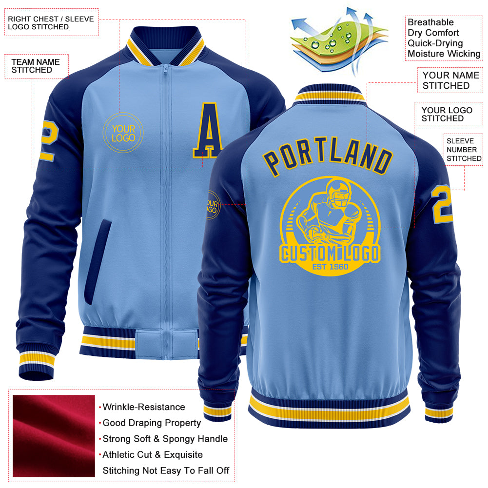 Custom Light Blue Yellow-Royal Bomber Varsity Letterman Two Tone Zipper ...