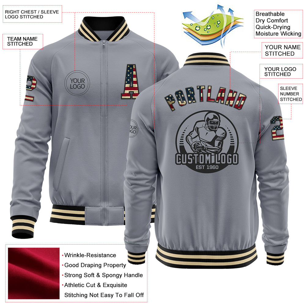 Custom Gray Vintage USA Flag Black-Cream Bomber Varsity Letterman ...