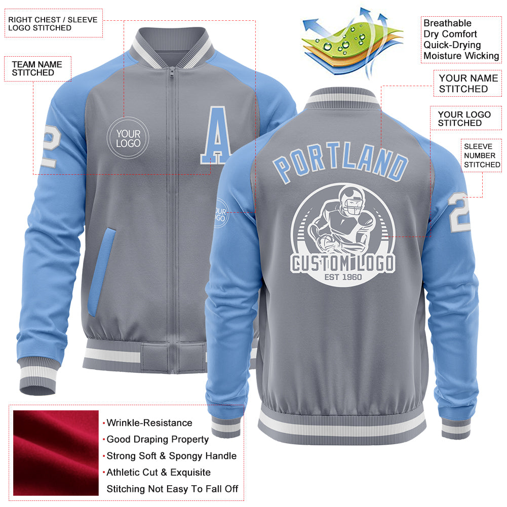 Custom Gray White-Light Blue Bomber Varsity Letterman Two Tone Zipper ...