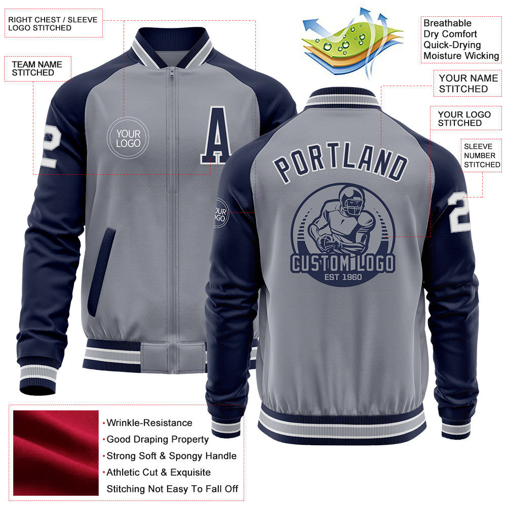 Custom Gray White-Navy Varsity Letterman Two Tone Zipper Jacket Discount
