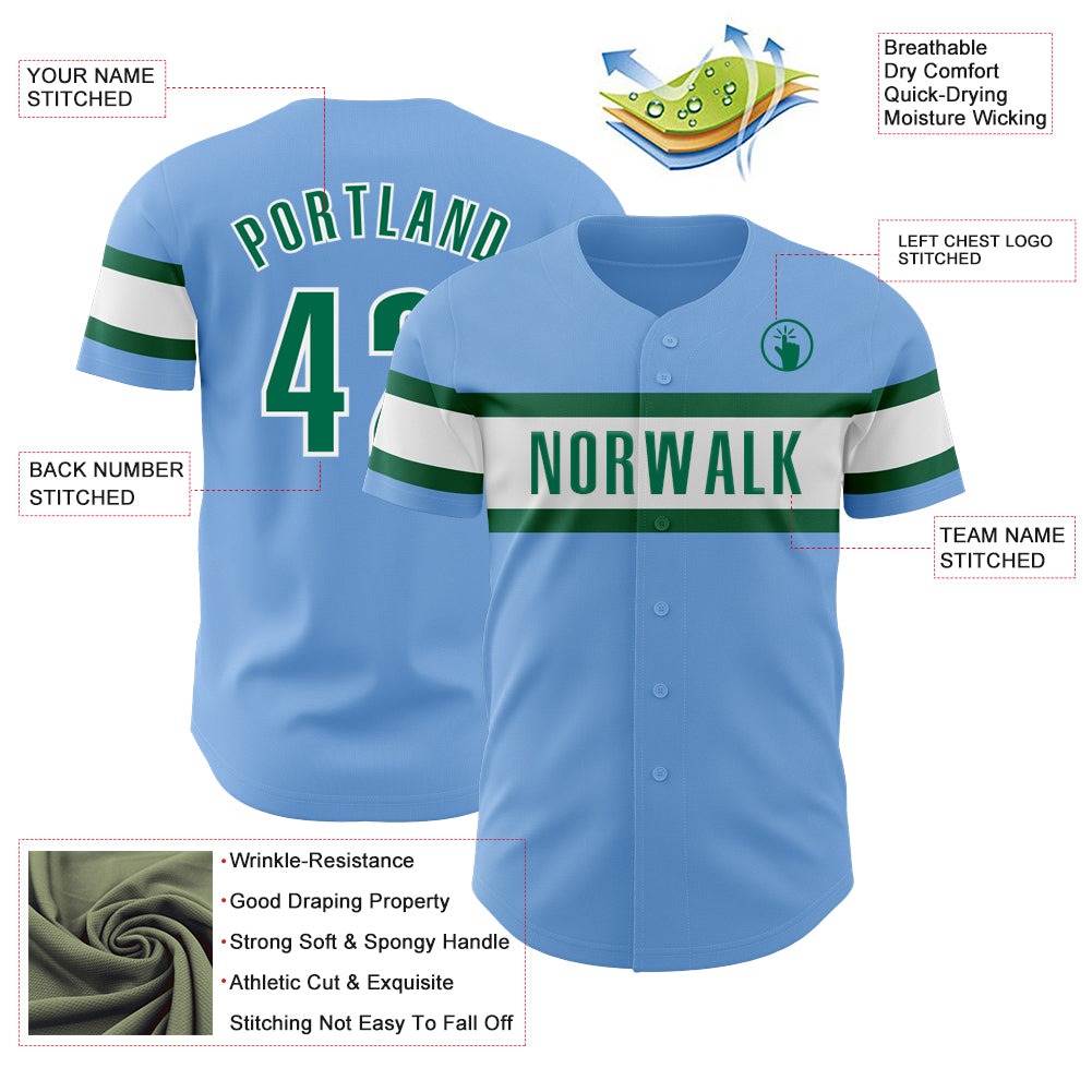 Custom Light Blue Kelly Green-White Authentic Baseball Jersey Discount