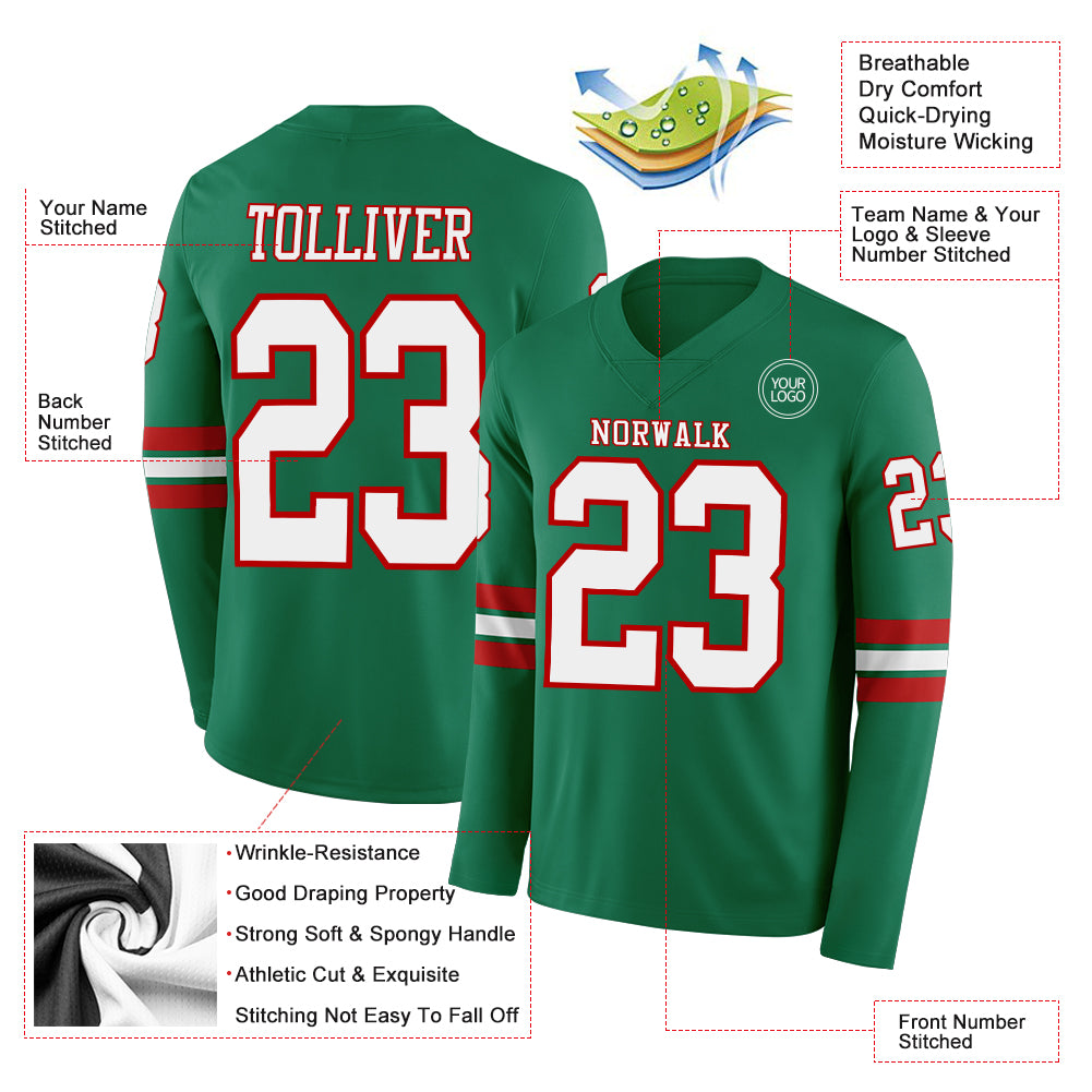 Custom Long Sleeve Kelly Green Authentic Football Jersey White Red