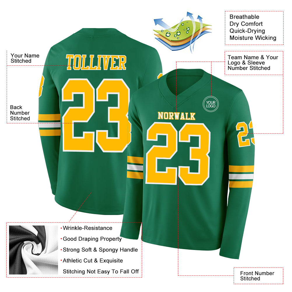 Custom Long Sleeve Kelly Green Authentic Football Jersey Gold White