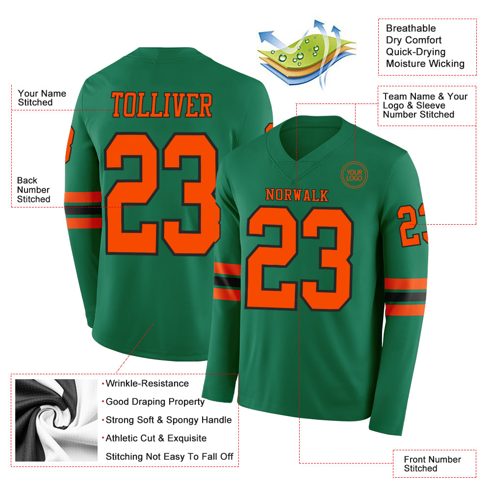 Custom Long Sleeve Kelly Green Authentic Football Jersey Orange Black